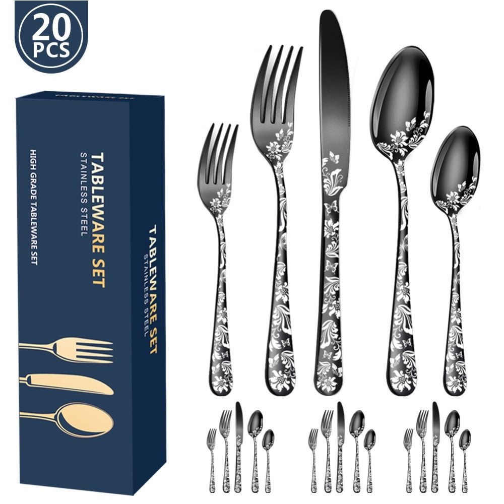 Black Flower 20-Piece Stainless Steel Silverware Set, Kitchen Service ...