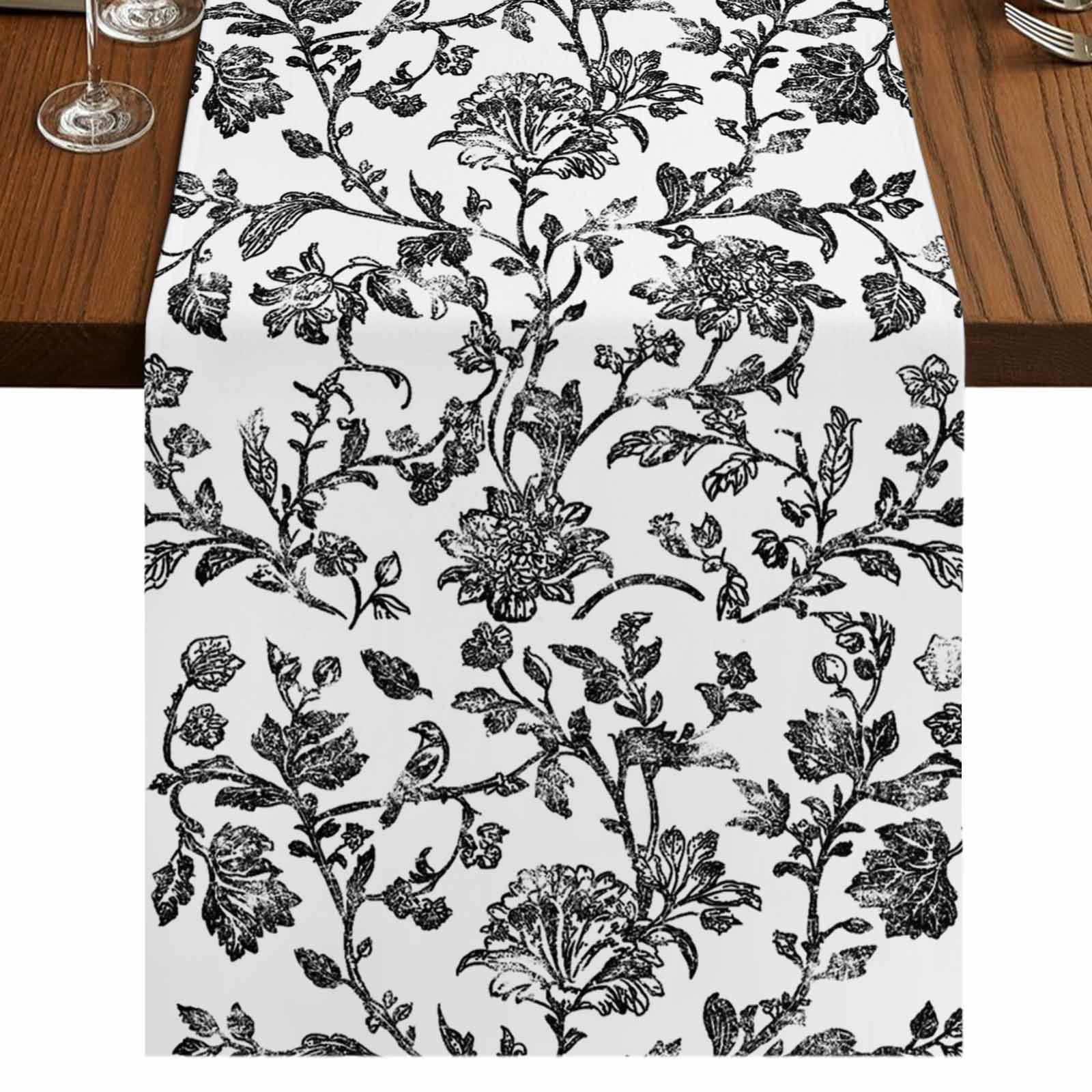 Black Flower Table Runner 90 Inches Long,Vintage Farmhouse Boho Leaf ...