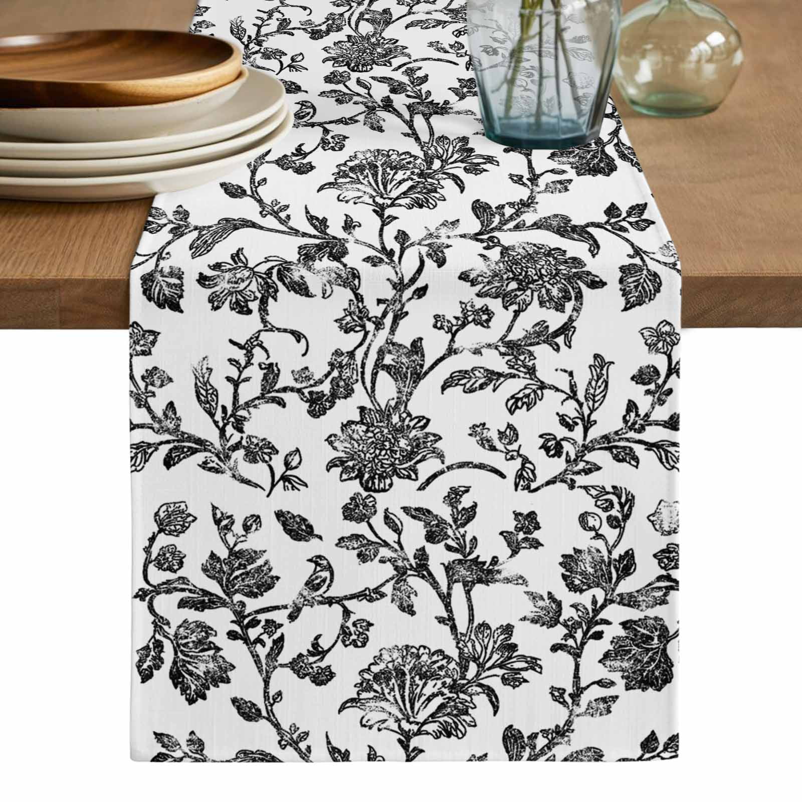 Black Flower Table Runner, Vintage Farmhouse Boho Leaf Spring Plant ...