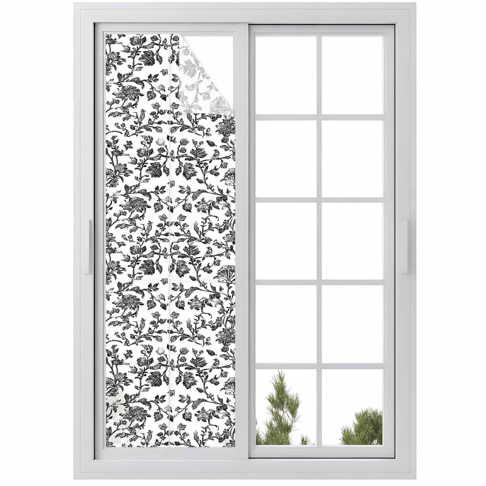 Black Flower Window Privacy Film, Vintage Farmhouse Boho Leaf Spring ...