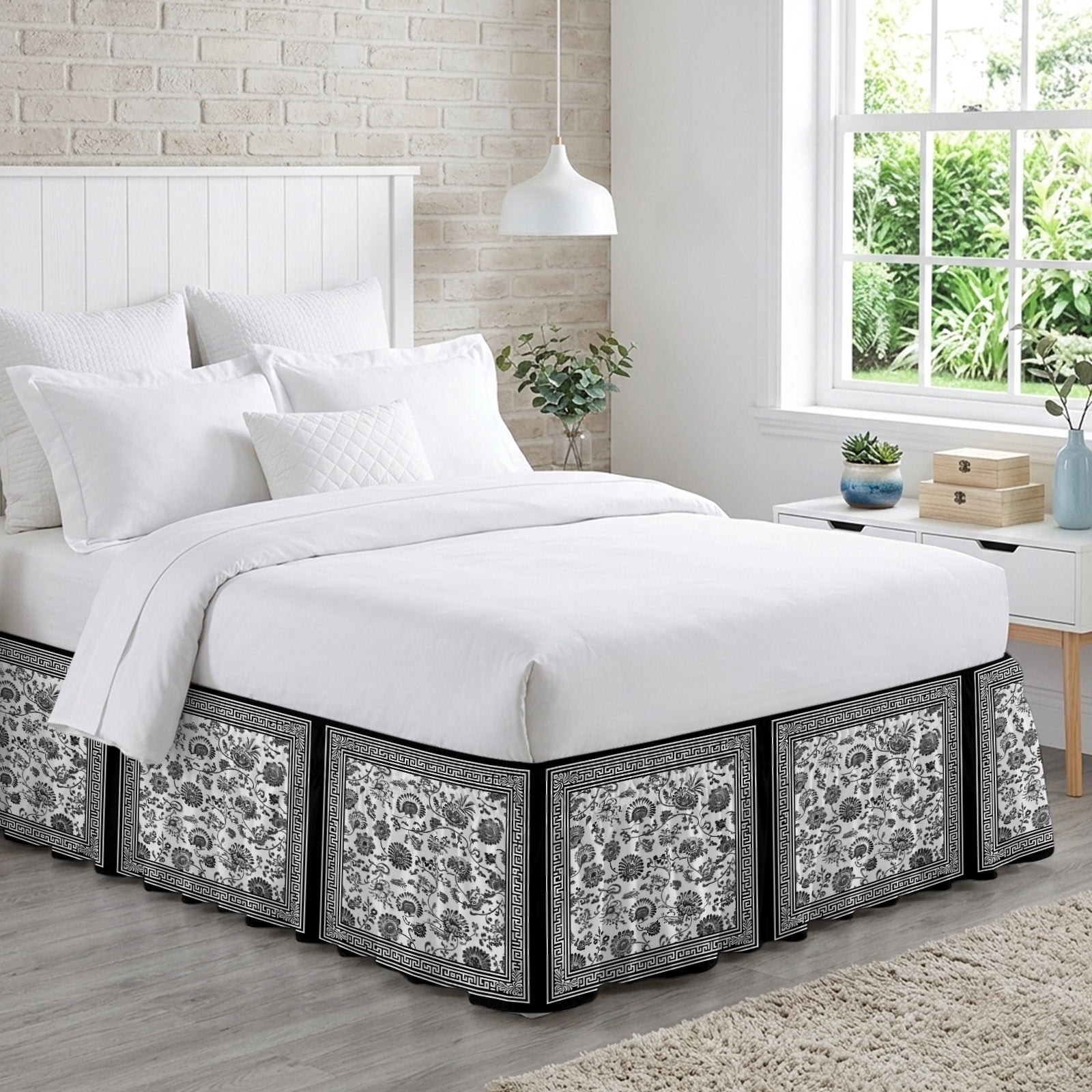 Black Flowers Bed Skirt King Size 16 Inch Drop, Floral Geometric ...