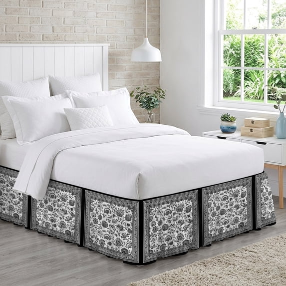 Black Flowers Bed Skirt Queen Size 16 Inch Drop, Floral Geometric ...