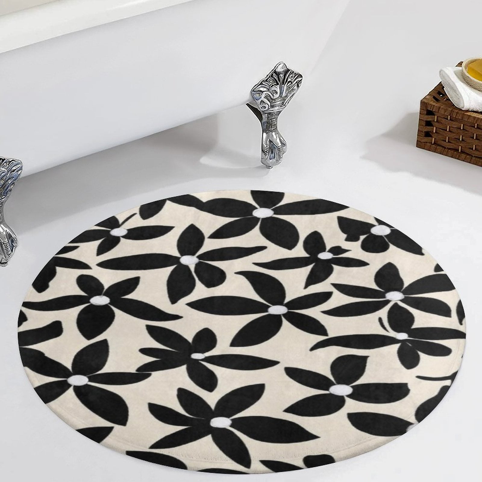 Black Flowers Beige Background Pattern Round Carpet Circle Rug Outdoor ...