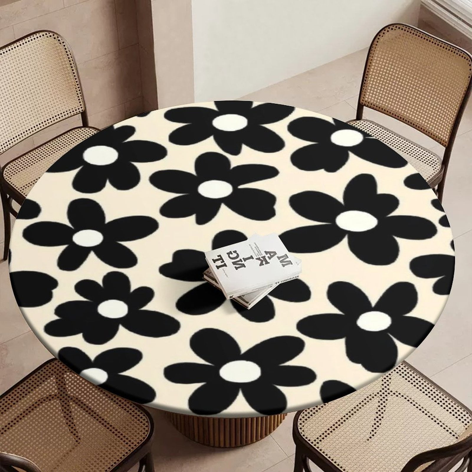 Black Flowers Beige Background Pattern Round Table Cover Kitchen ...