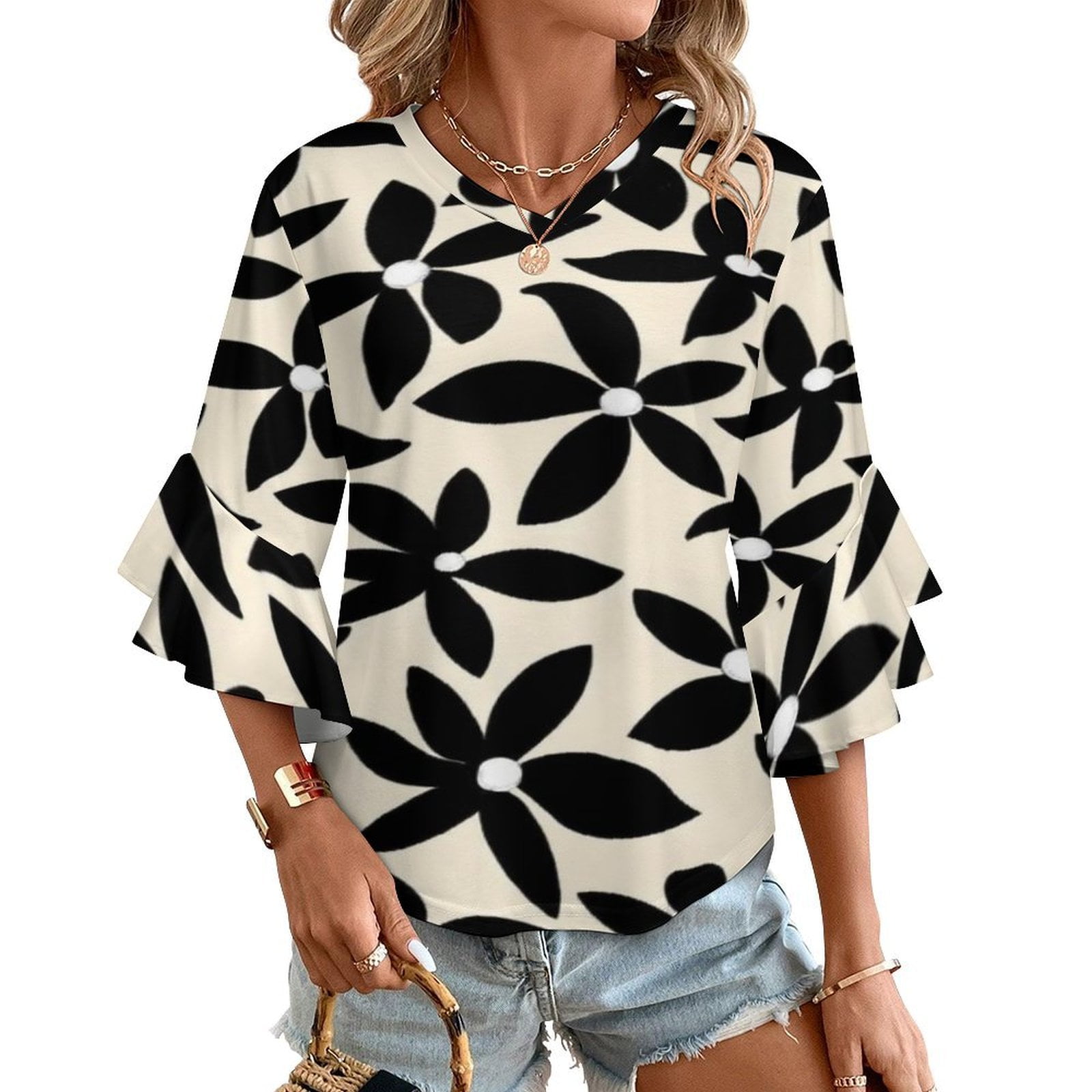 Black Flowers Beige Background Pattern Women's V-Neck Blouse With 3/4 ...