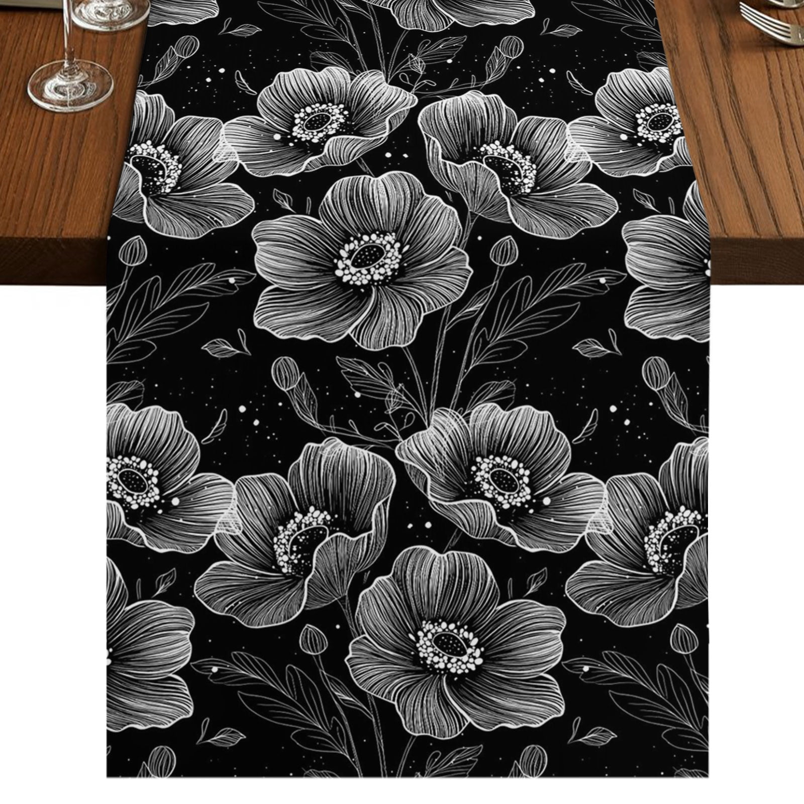 Black Flowers Burlap Cotton Table Runner 13x36 Inches Short, Farmhouse ...