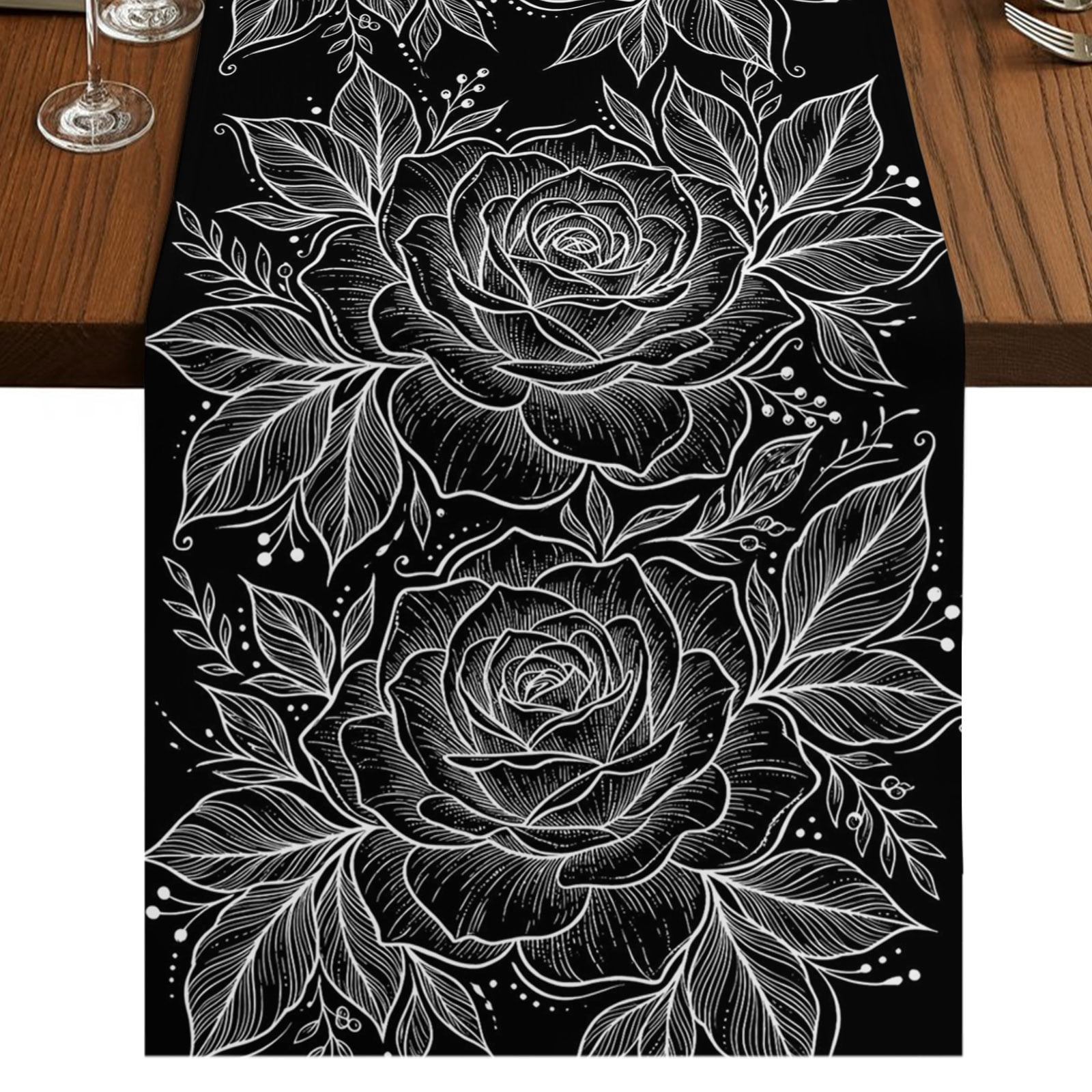 Black Flowers Burlap Cotton Table Runner 13x36 Inches Short, Farmhouse ...