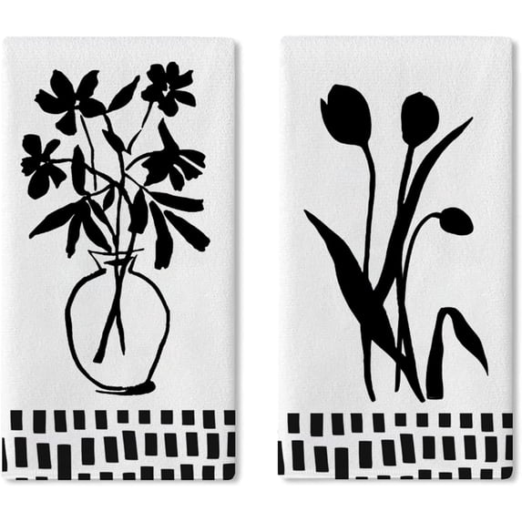 Black Flowers Kitchen Dish Towels Set of 2, Tulip Floral Silhouette ...
