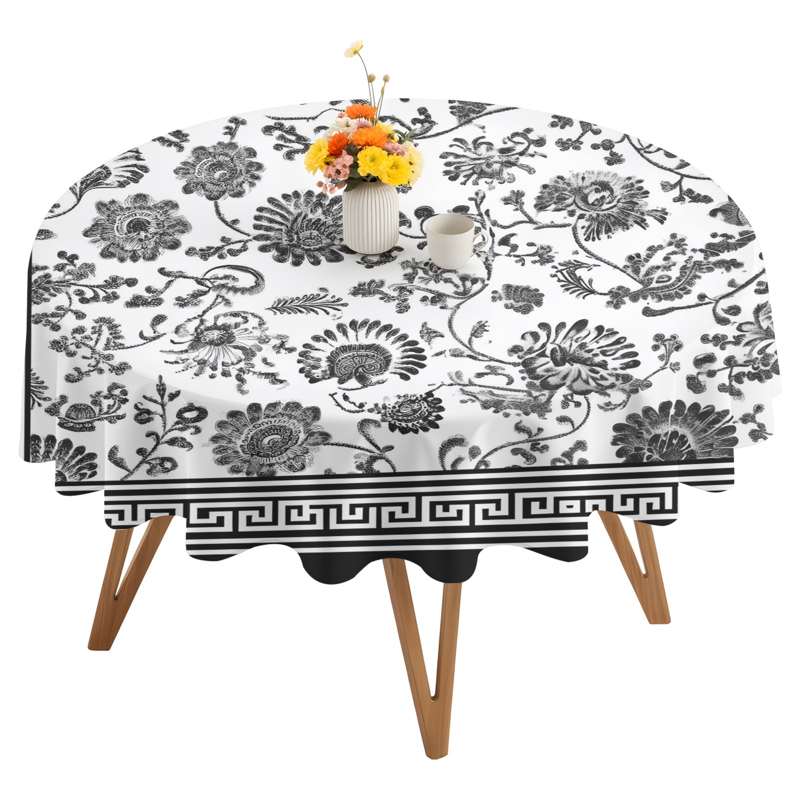 Black Flowers Round Tablecloth 60 inches Floral Geometric Classic ...