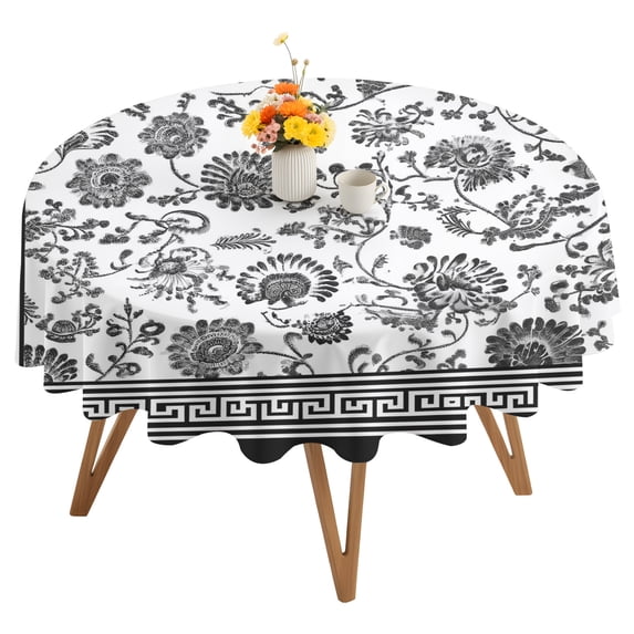 Black Flowers Round Tablecloth 60 inches Floral Geometric Classic ...