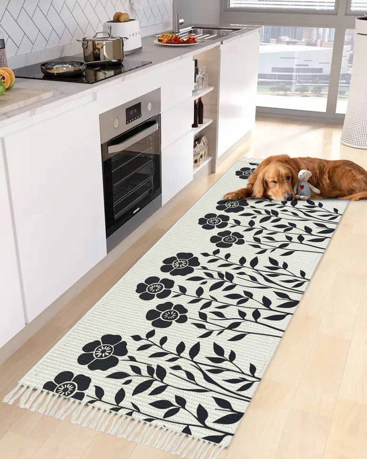 Black Flowers Runner Rug for Hallway 2x4ft, Spring Floral Washable ...