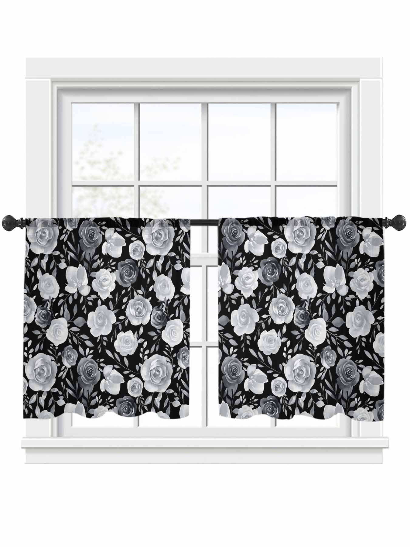 Black Flowers Sheer Curtains 45 Inch Length 2 Panels Set, Semi ...