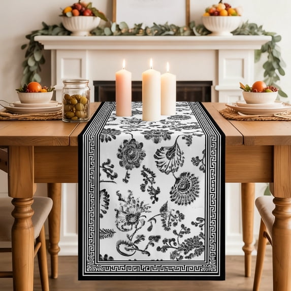 Black Flowers Table Runner 13x60 Inch Floral Geometric Classic ...