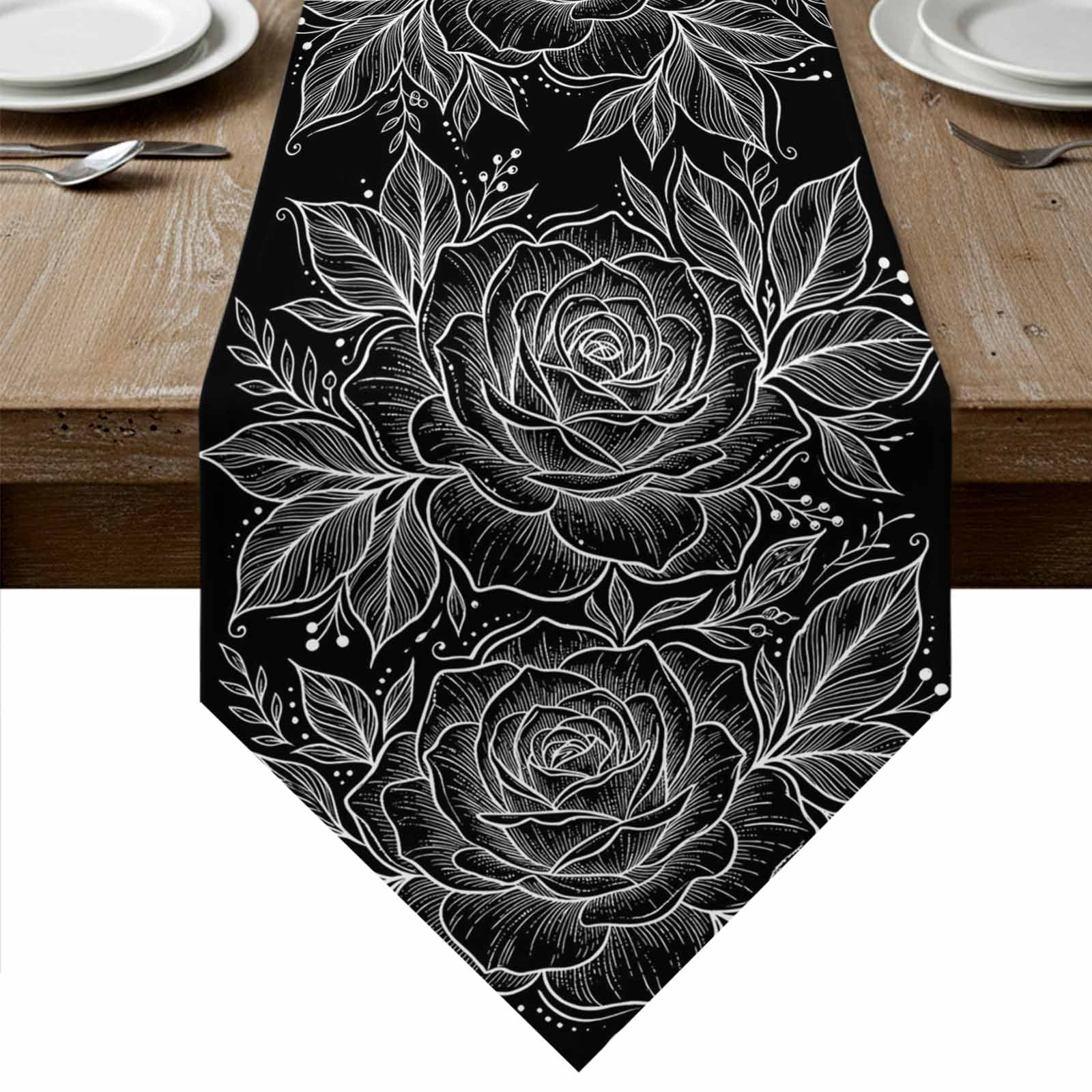 Black Flowers Table Runner Linen Burlap Table Runner 120 Inches Long ...