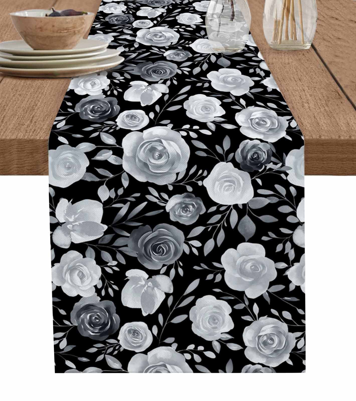 Black Flowers Table Runner Watercolor Vintage Floral Leaves Country ...