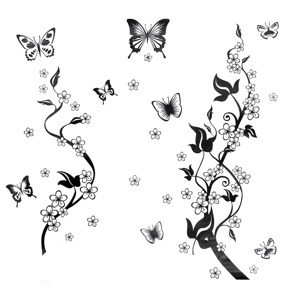 Black Flowers Vine and Butterflies Removable Wall Sticker Decal for ...