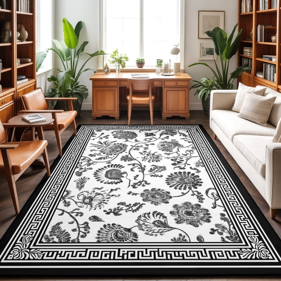 Black Flowers Washable Area Rug 3 x 5 ft Floral Geometric Classic ...