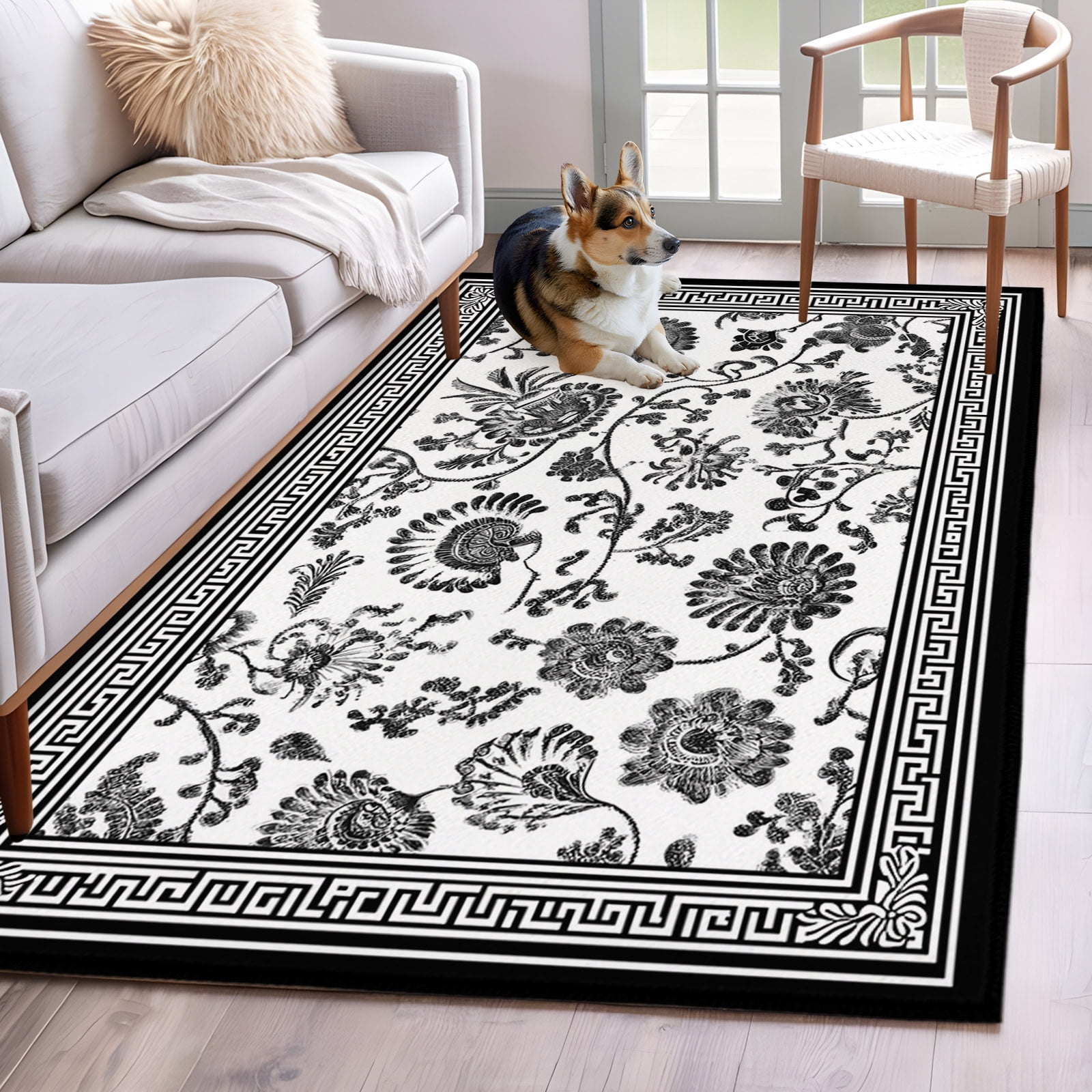Black Flowers Washable Area Rug 4x6 Floral Geometric Classic ...