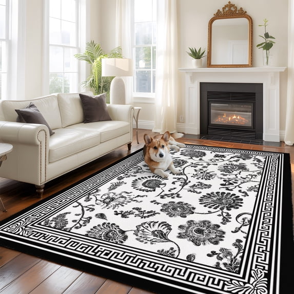 Black Flowers Washable Area Rug 6x9 Floral Geometric Classic ...