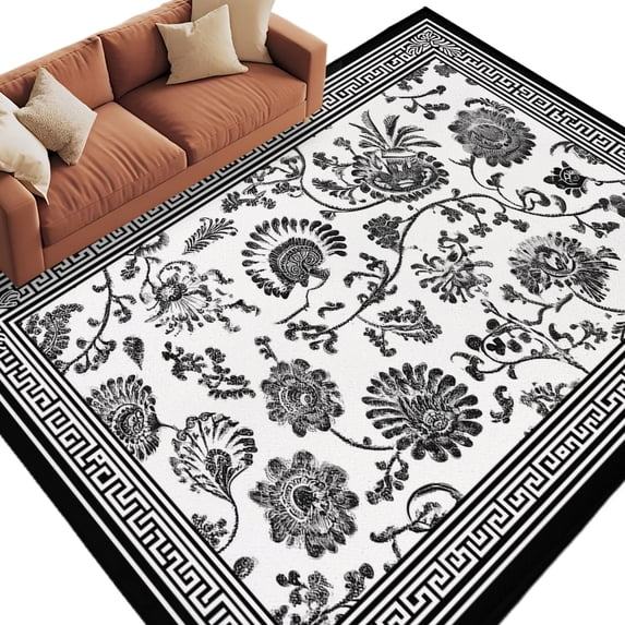 Black Flowers Washable Living Room Rugs 6'x9', Floral Geometric Classic ...