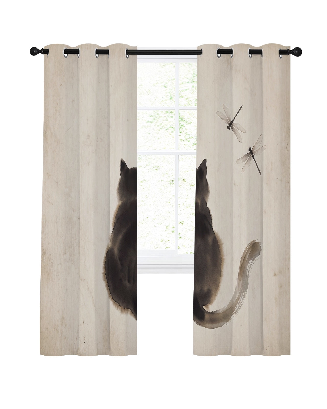 Black Fluffy Cat Blackout Curtains for Bedroom Living Room, Vintage ...