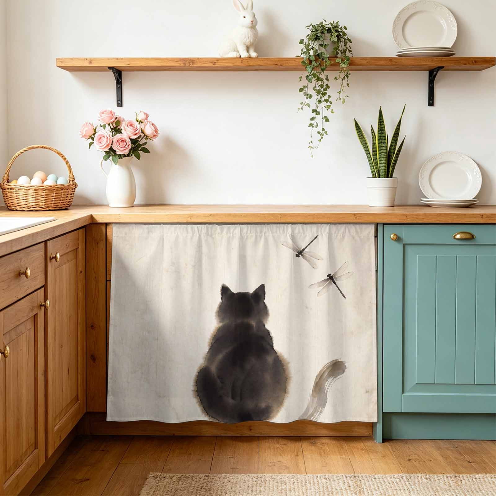 Black Fluffy Cat Cabinet Curtains 28" W x 35" L, Vintage Paper Ink ...
