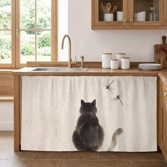 Black Fluffy Cat Cabinet Curtains for Kitchen 28"W x 51"L, Vintage ...