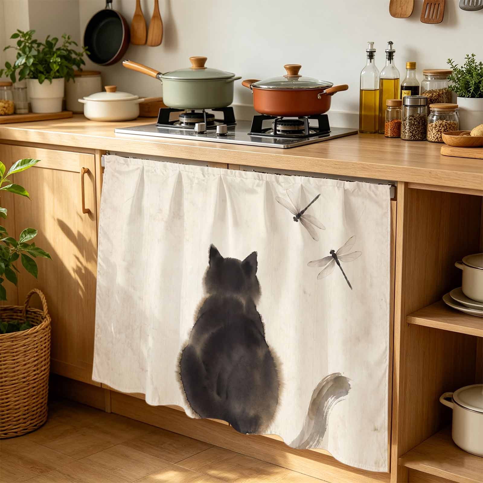 Black Fluffy Cat Cabinet Curtains for Kitchen 35"W x 35"L, Vintage ...