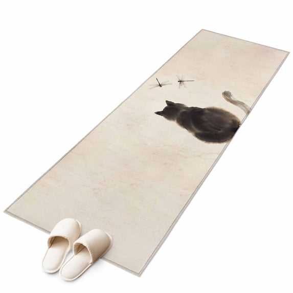 Black Fluffy Cat Washable Runner Rugs 2'x6', Vintage Paper Ink Painting ...