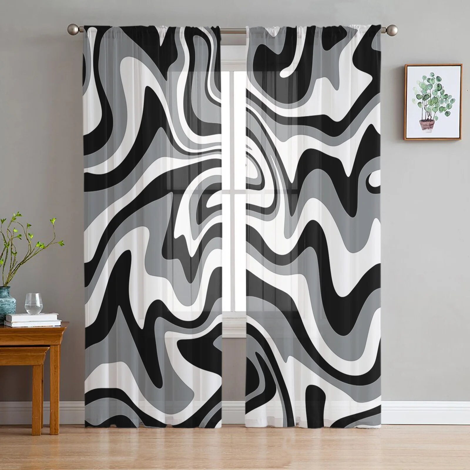 Black Fluid Art Abstract Texture Sheer Curtains for Living Room Kitchen ...