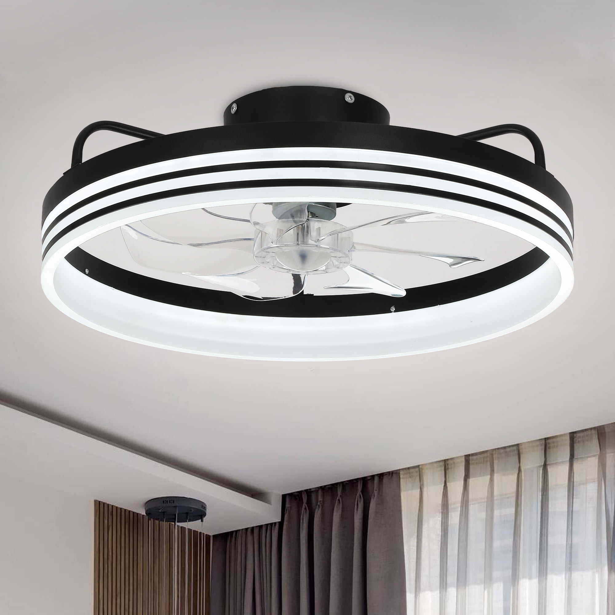 Black Flush Mount Ceiling Fan with Dimmable Led Light, 6-Speed ...
