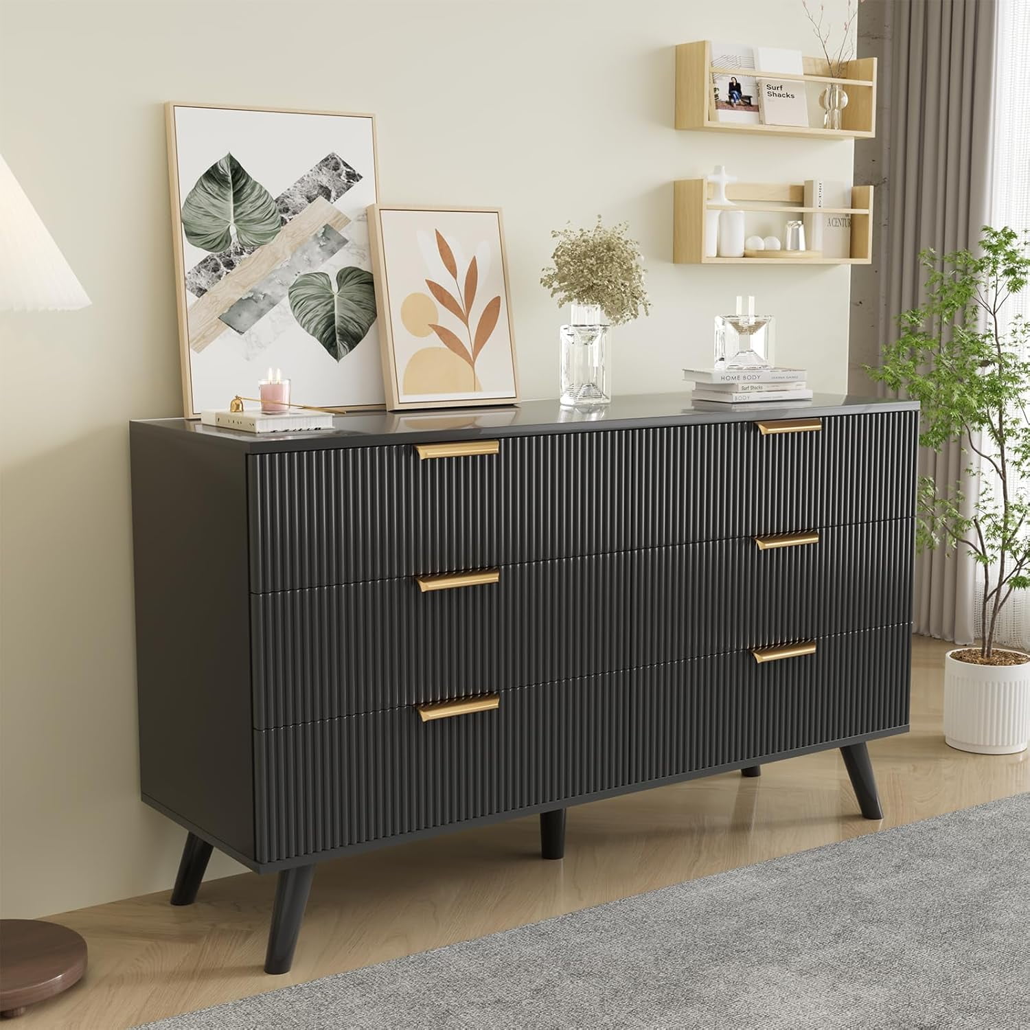 Black Fluted 6 Drawer Dresser for Bedroom, Chest of Drawers with Solid ...