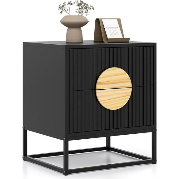 Black Fluted Nightstand with 2 Drawers, Wood Bedside Table with Natural ...