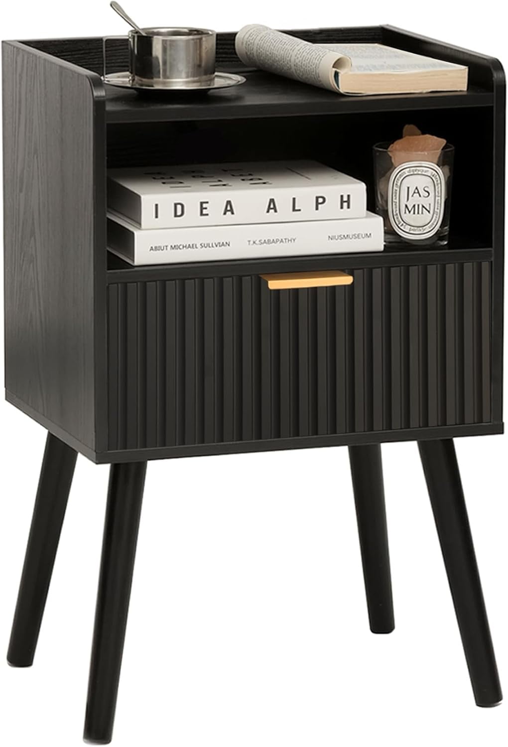 Black Fluted Nightstand, Modern Bedside Table with Storage Drawers ...