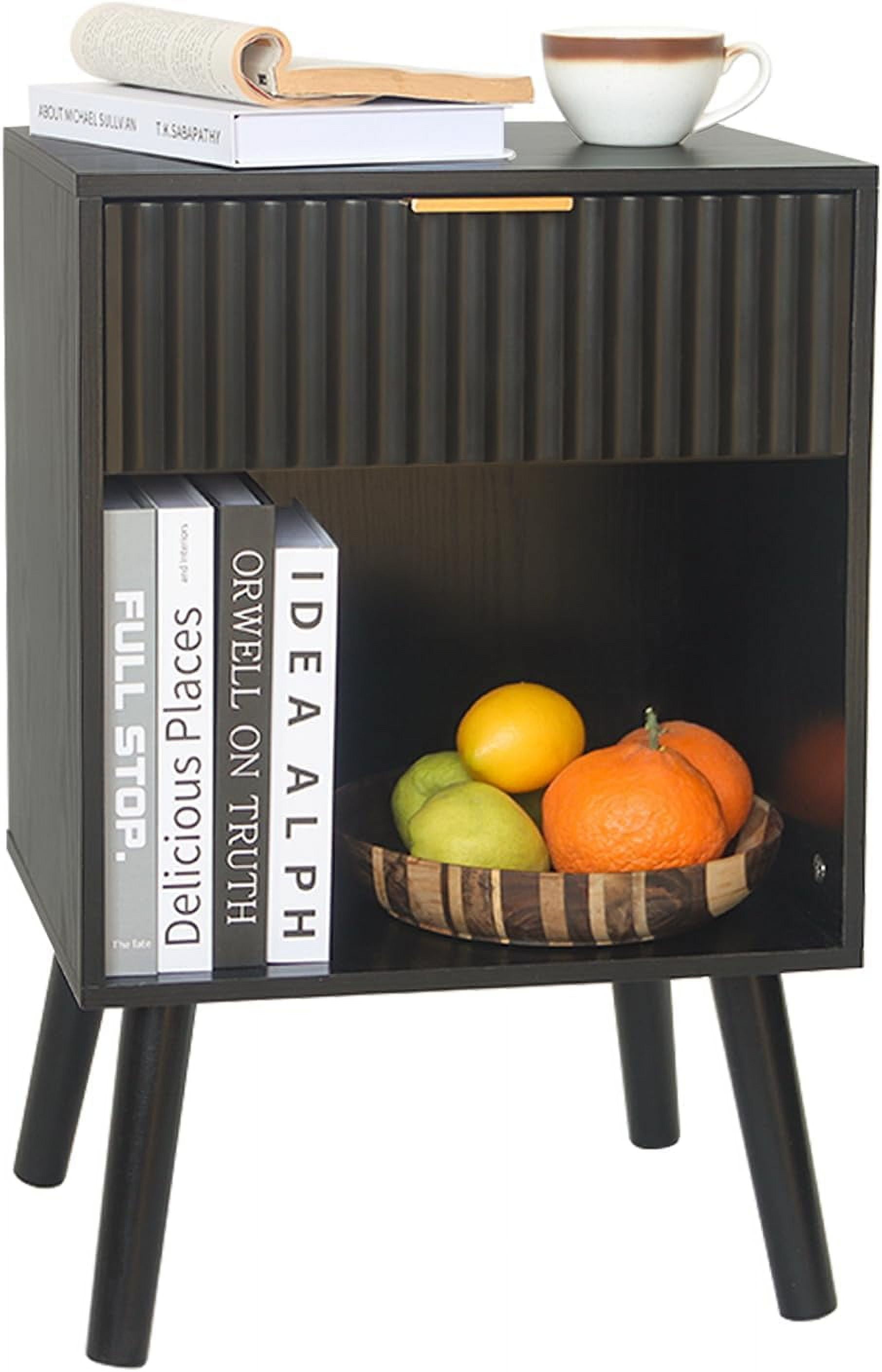 Black Fluted Nightstand, Modern Bedside Table with Drawer and Opening ...