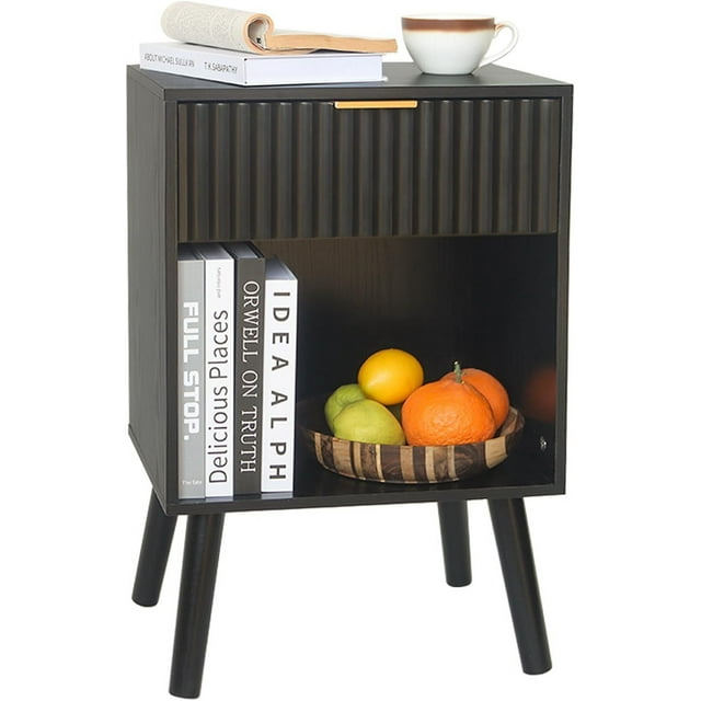 Black Fluted Nightstand, Modern Bedside Table with Drawer and Opening ...