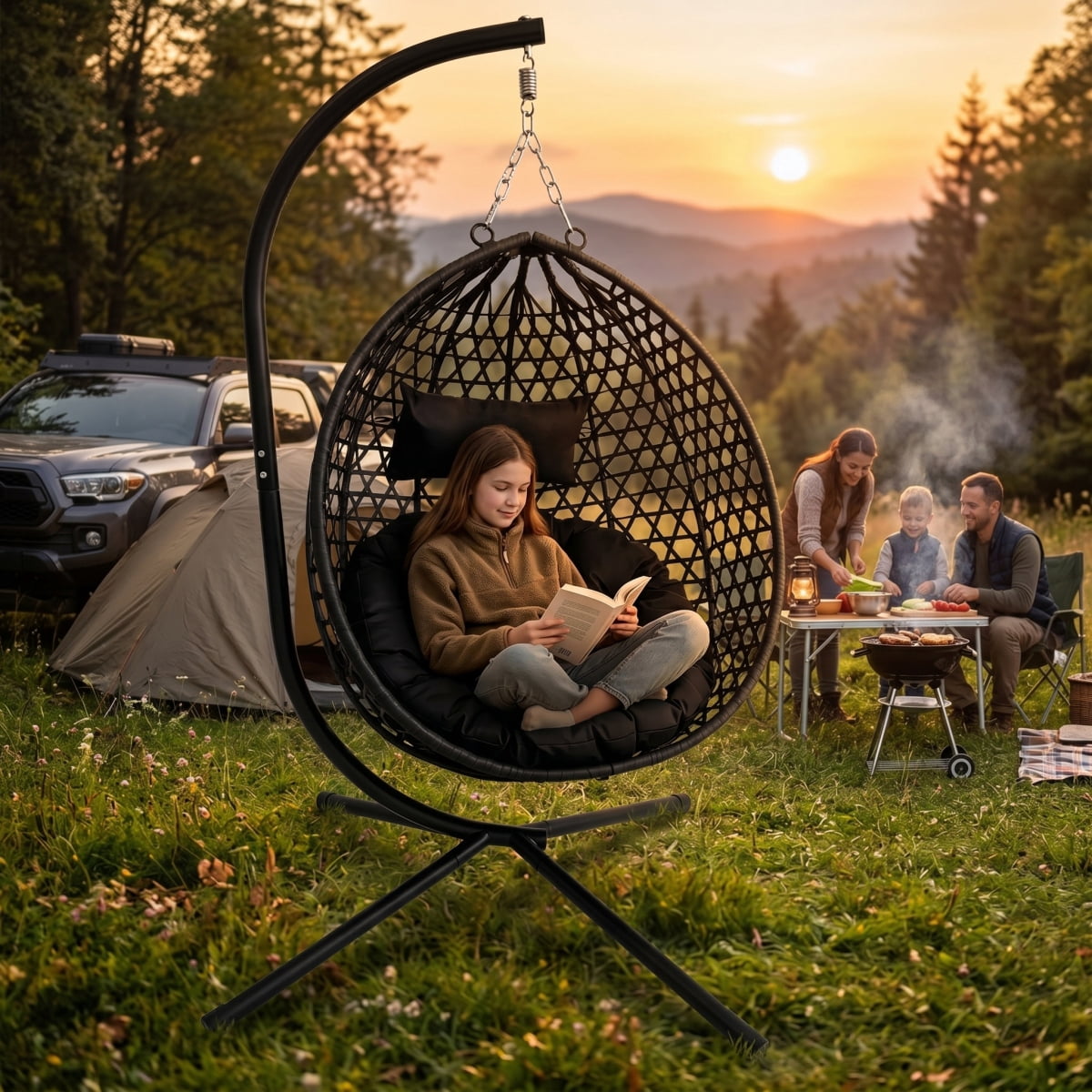 Black Foldable Hanging Egg Chair with Stand, HDPE Rattan Swing Hammock ...