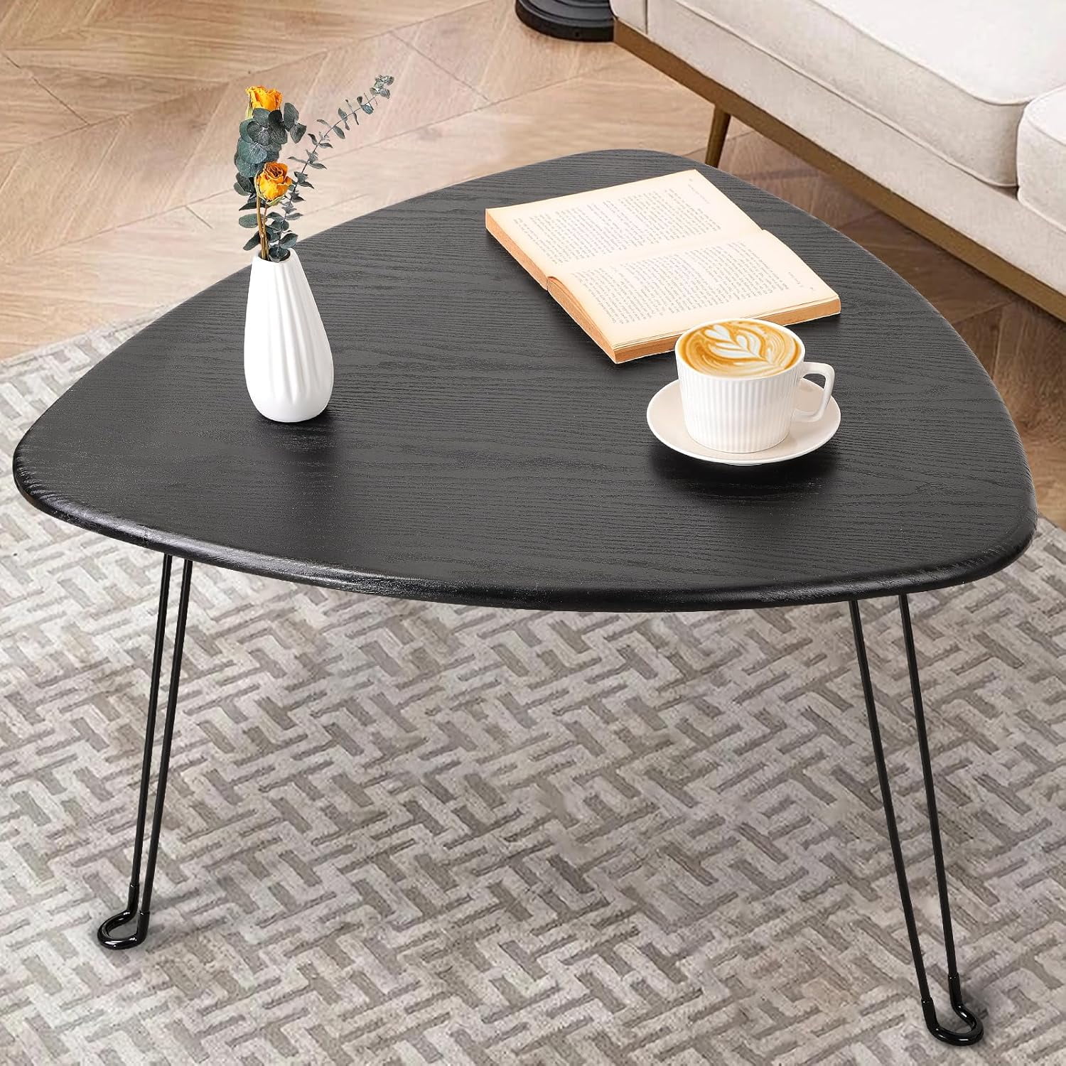 Black Folding Coffee Table Wooden Triangle Floor Table Desk for Sitting ...