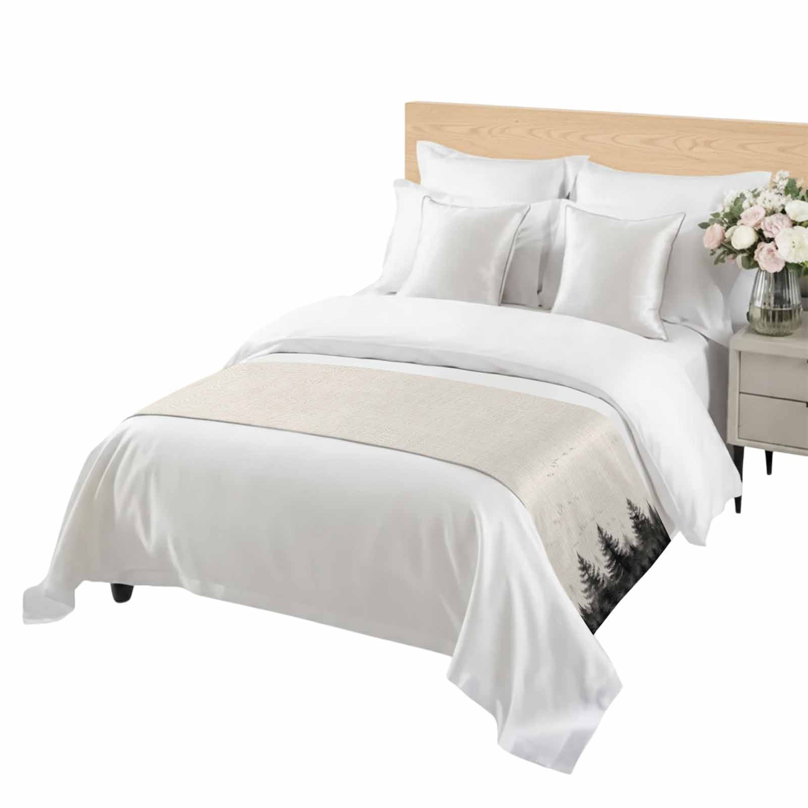 Black Forest Bed Runner Cal King Size Tree Bird Nature Landscape Linen ...
