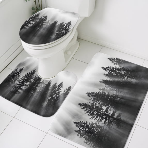 Black Forest Mist Scenery Bathroom Rugs Set Nature Pine Trees Sunbeams ...