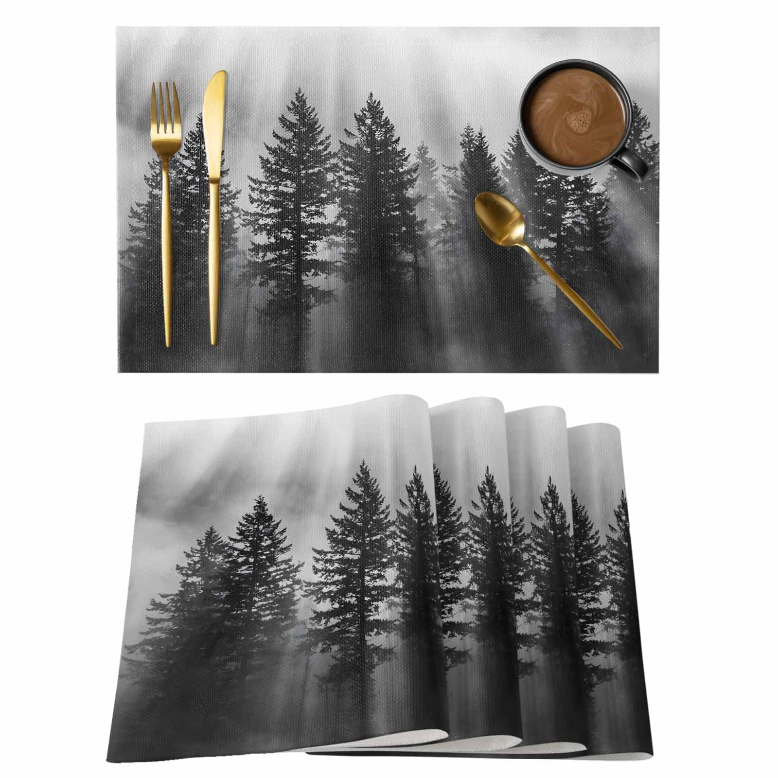 Black Forest Mist Scenery Cotton Linen Placemats Set of 2, Nature Pine ...