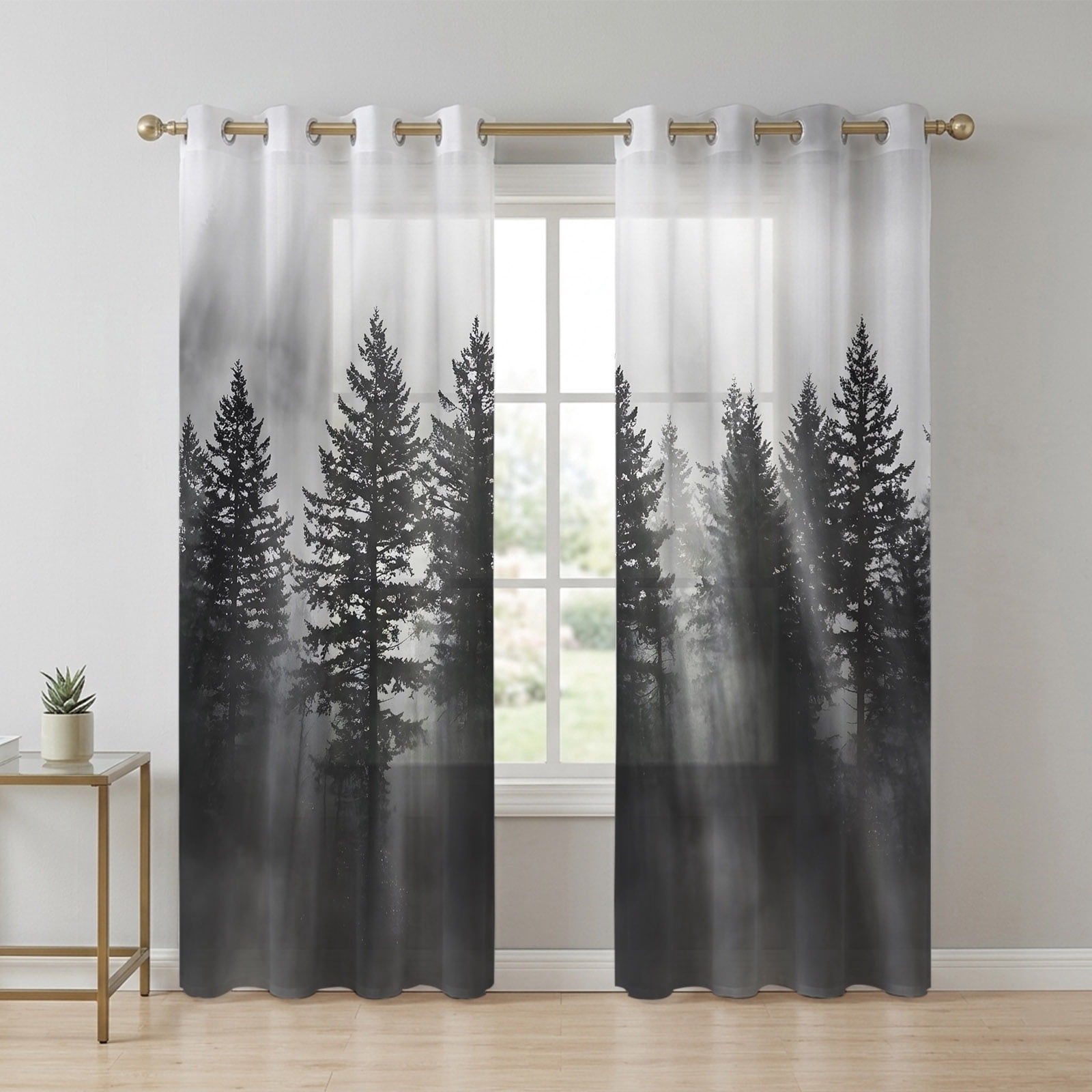 Black Forest Mist Scenery Sheer Curtains 84 Inch Long 2 Panels, Nature ...
