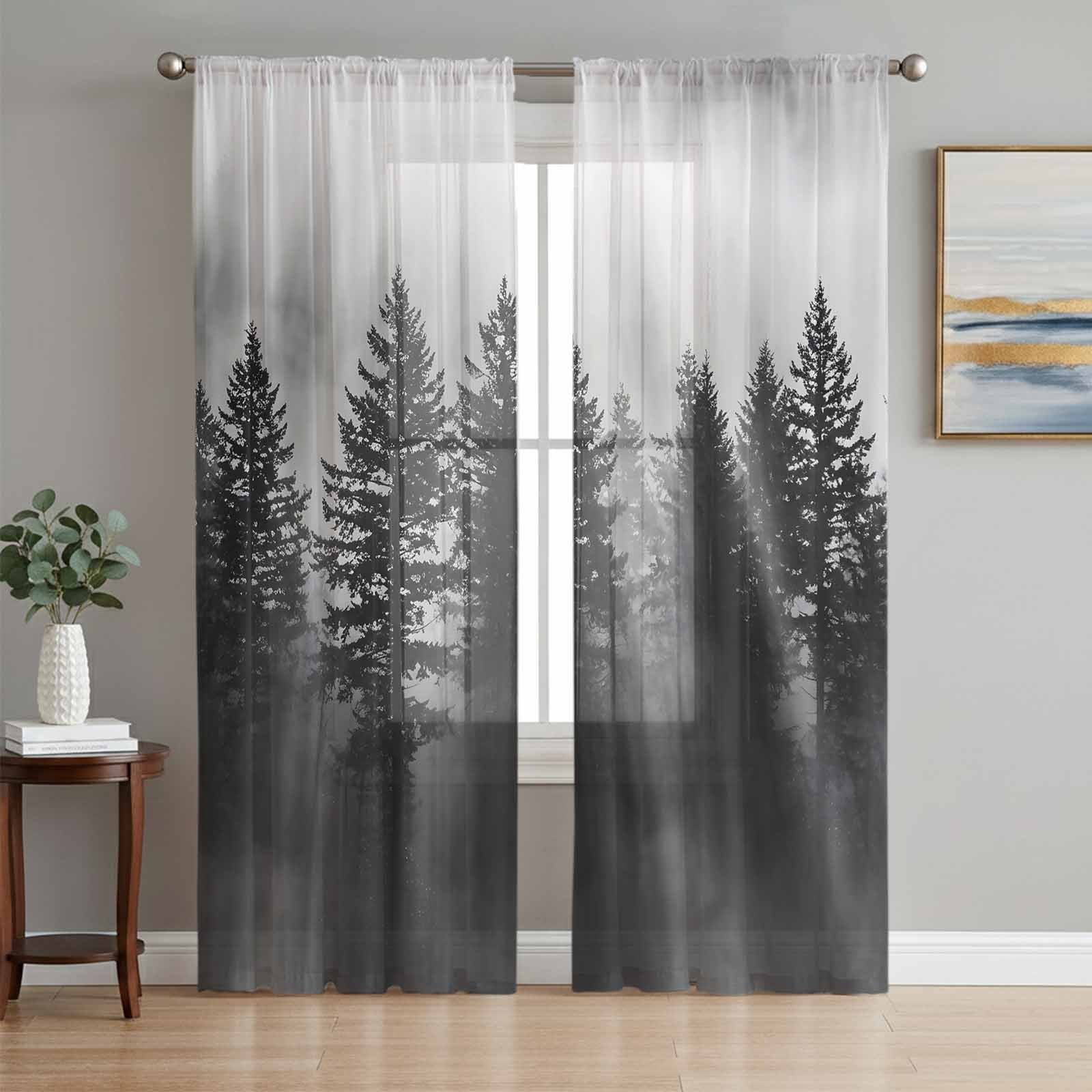 Black Forest Mist Scenery Sheer Curtains for Living Room Bedroom ...