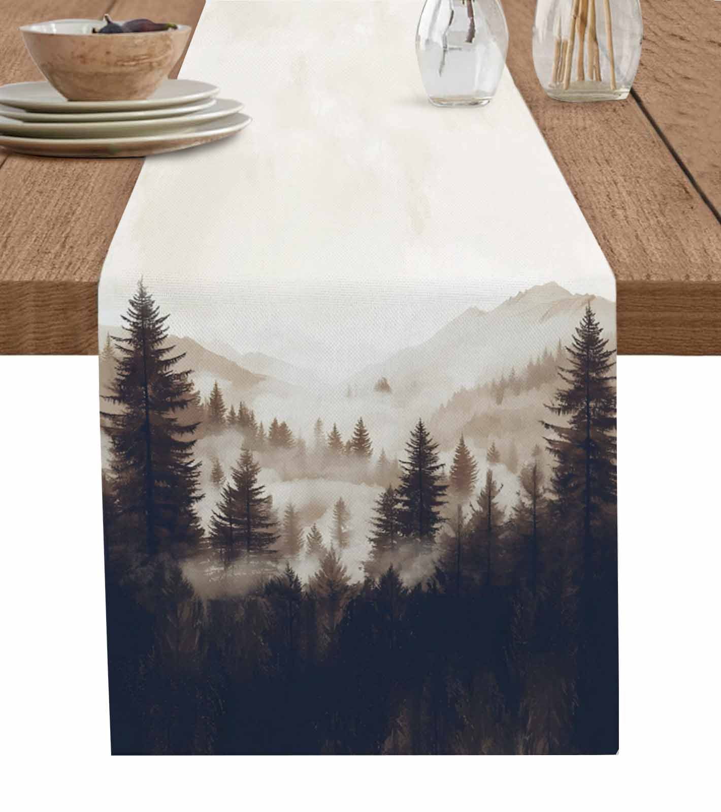 Black Forest Table Runner 60 Inches, Silhouettes Foggy Grey Pine Tree ...