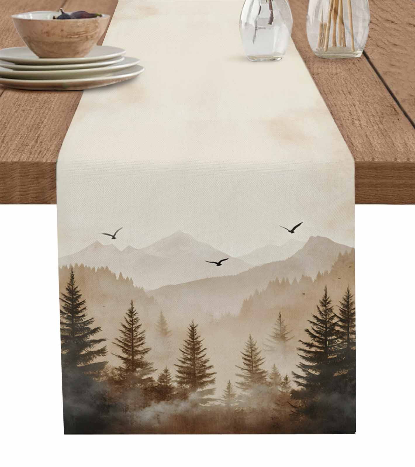 Black Forest Table Runner 72 Inches, Silhouettes Foggy Grey Pine Tree ...