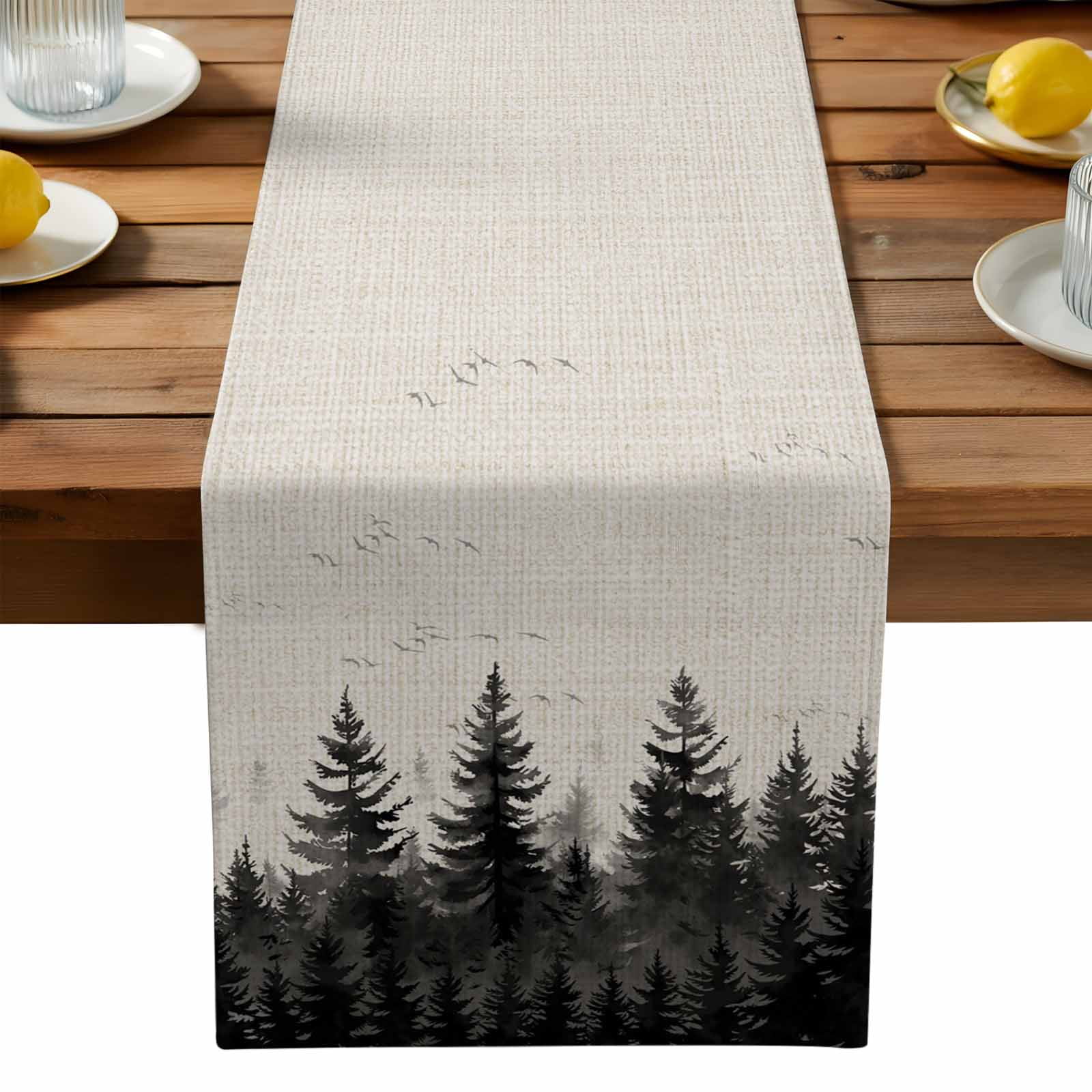 Black Forest Table Runner, Tree Bird Nature Landscape Linen Kitchen ...