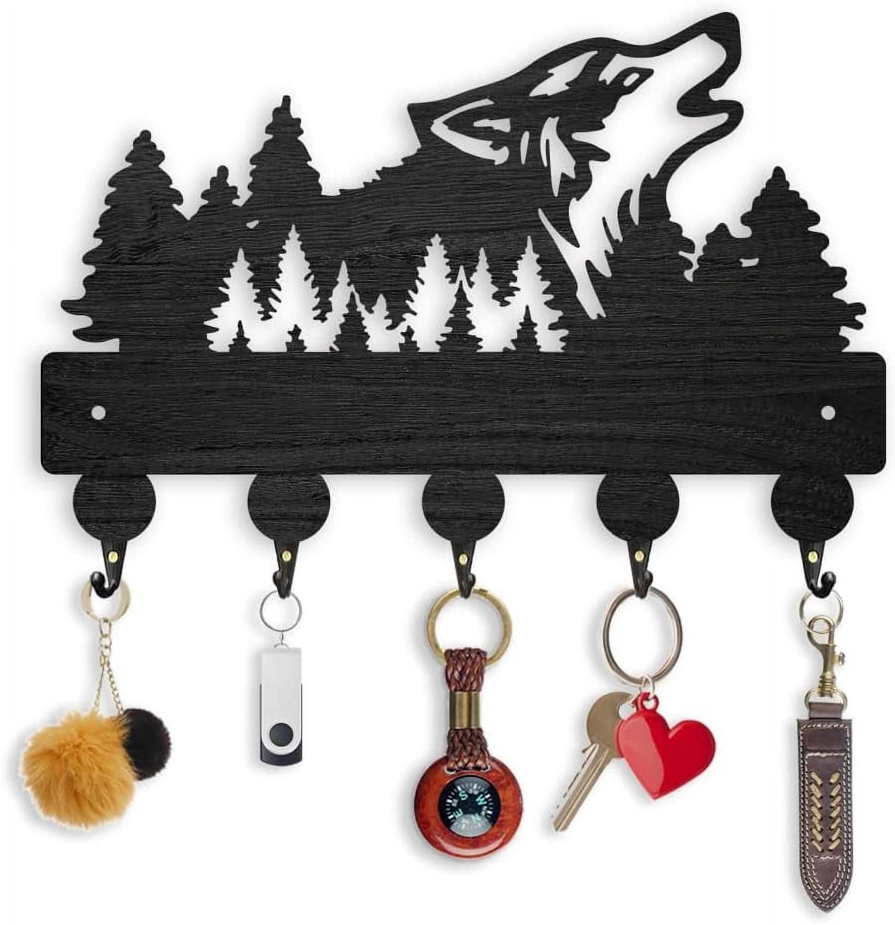 Black Forest and Wolf Wooden Key Holder for Wall Wood Key Rack with 5 ...