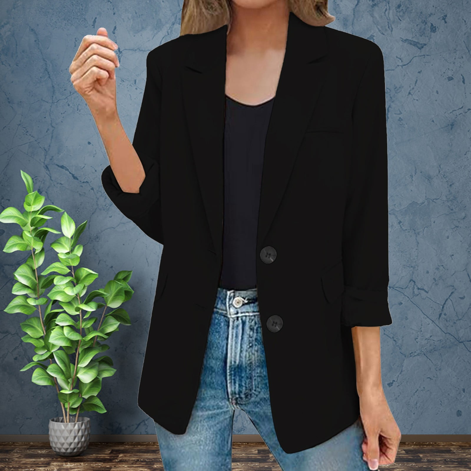 Black Formal Jacket Womens Casual Jacket Pockets Long Sleeve Open Front ...