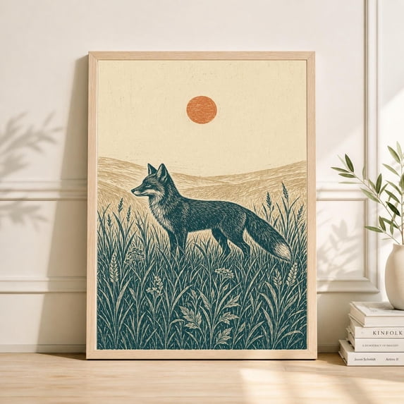 Black Fox In Wheat Field And Red Sun, Japanese Linocut Art Poster ...