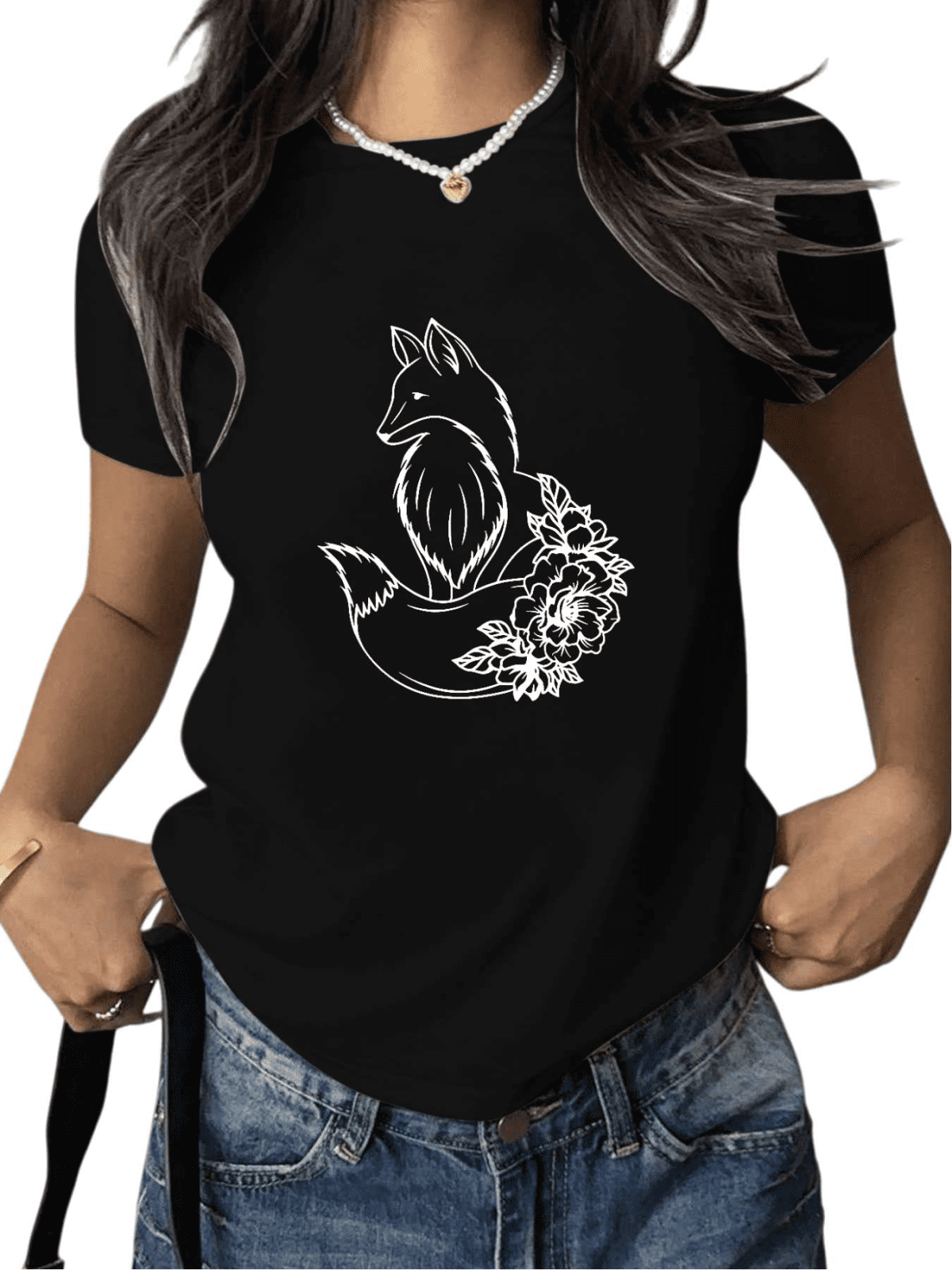 Black Fox Print Tshirt Woodland Animal Graphic Tees Floral Nature ...